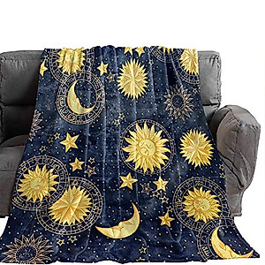 Flannel Fleece Throw Blankets, Boho Chic Golden Sun Moon and Stars Blue Black Sky Antique Style Decorative Blankets, Lightweight Super Soft Luxurious Cozy Blanket for Couch Bed Sofa Chair