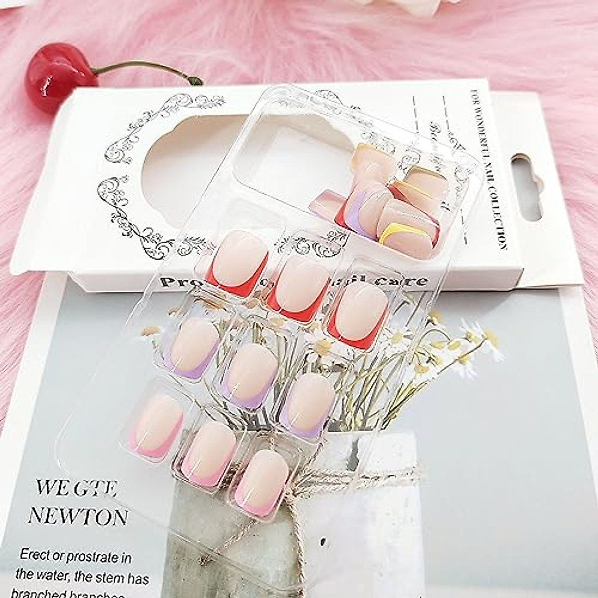 Square Press on Nails Extra Short Cute Rainbow Color French Tip Nails Acrylic False Nails with Designs Artificial Nails Press ons Reusable Glue on Nails for Women and Girls 24 Pcs