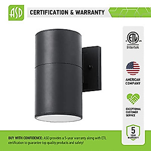 ASD E26 Base Socket Wall Mount Light Fixture | Round Cylinder Sconce | 8 Inch 60W 120V A19 Bulb | Up or Down Lighting, Outdoor Lamp, Decoration Lantern, Waterproof, ETL | Black