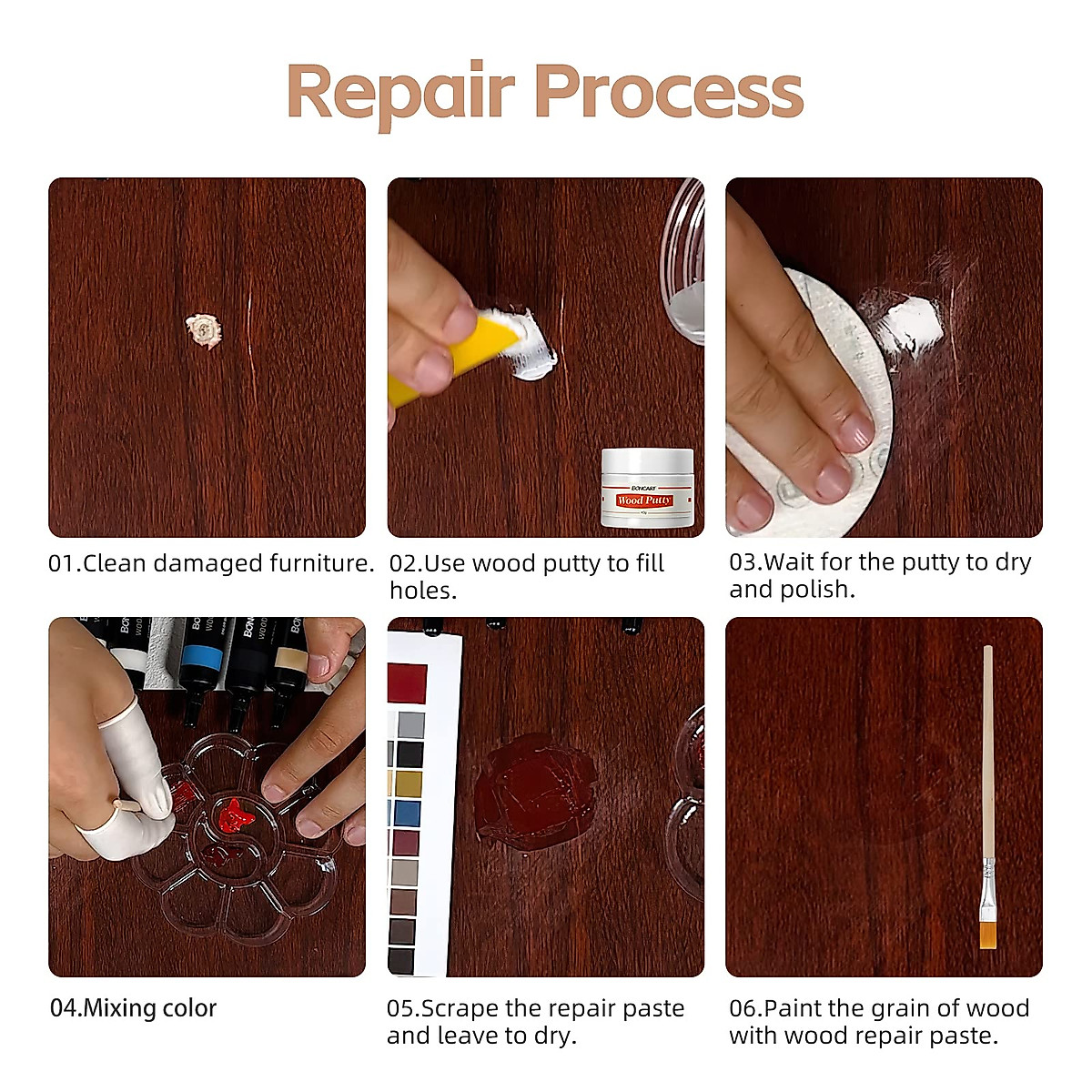 Boncart Wood Furniture Repair Kit Wood Filler-Repair Scratch, Cracks, Hole, Discoloration for Wooden Door, Floor, Table, Cabinet -Restore Any Wood, Cherry, Walnut