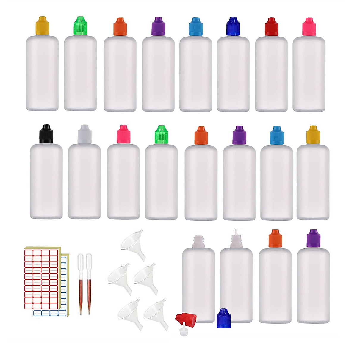 SmaUnicorn 20pcs x 100ml (3.4oz) LDPE Empty Squeezable Liquid Dropper Bottles Eye Dropping Containers with Mixed CRC Caps Free Funnels Pipettes Blank Labels