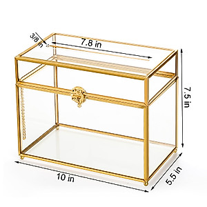 Okllen Glass Wedding Card Box with Lock and Slot, Gold Rim Envelop Box Gift Holder, Vintage Clear Card Box for Wedding Reception, Baby Shower, Birthday, Graduation (Glass Box and Lock Only)