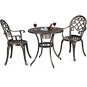 Giantex 3pcs Bistro Table Set Cast Aluminum Outdoor Patio Furniture Set Round Table W/Removable Ice Bucket, 2 Chairs Antique Garden Furniture Weather Resistant (Antique Bronze)