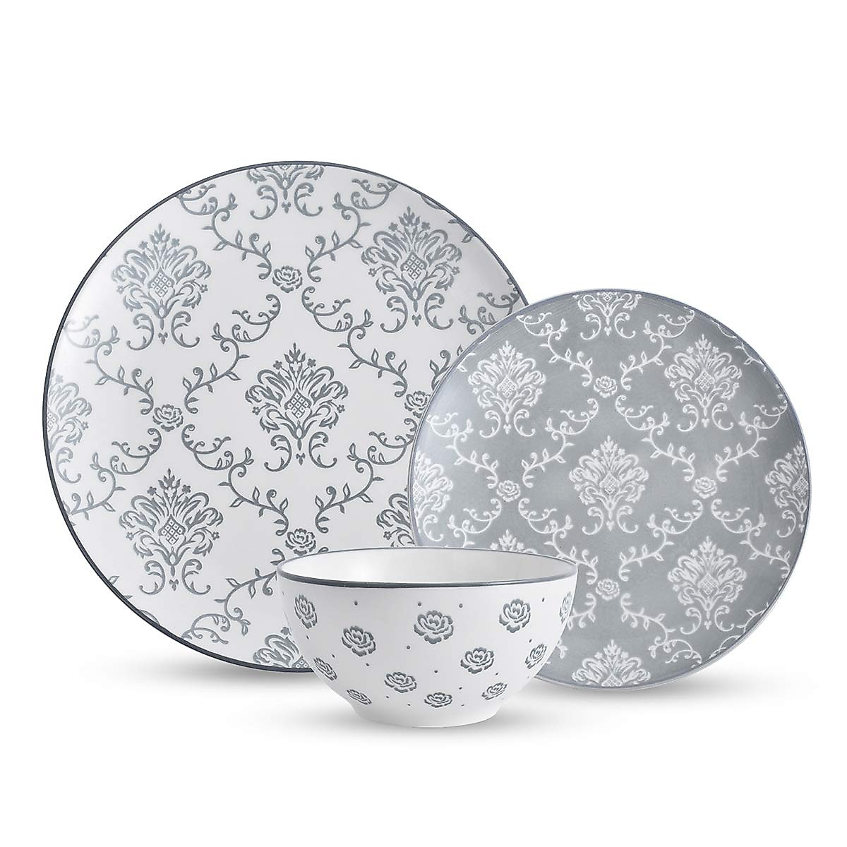 Original Heart 12-Pieces Dinnerware Sets Ceramic Dish Set, Plates and Bowls Sets, Dishes Set for 4, Nonstick Plate Set, Durable Stoneware Plates, Dishes, Soup and Cereal Bowls, Grey, for kitchen