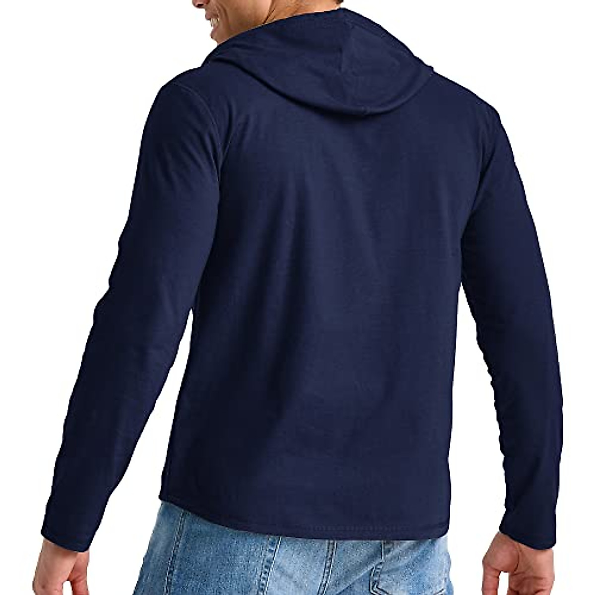 Hanes Men's Originals Lightweight Jersey Hoodie, Cotton Hooded Sweatshirt with Henley Collar, Athletic Navy, Large