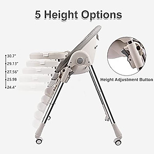 Ezebaby Foldable, Portable High Chair with 4 Wheels and Removable Tray with Adjustable Seat Heigh Recline for Babies, Infant and Toddler (Grey)