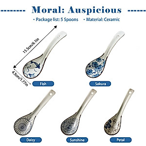 Raelitego 5pcs Asian Soup Spoon, Ceramic Chinese Soup Spoons, Deep Oval Hook Non-slip Japanese Spoons for Rice Ramen Pho Miso Soup Wonton Noodle, Luck and Prosperity Gifts for Friends Parents Family