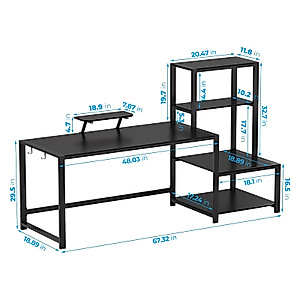GreenForest Computer Desk with Storage Printer Shelf,67 inch Reversible Home Office Desk Large Study Writing Table with Movable Monitor Stand and 2 Headphone Hooks for PC Gaming Working, Black