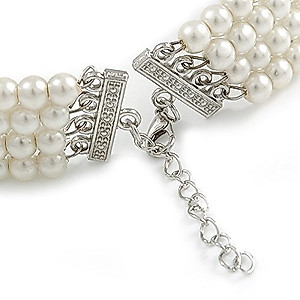 4 Row Light Cream Faux Glass Pearl Rigid Choker Necklace with Silver Tone Closure - 38cm L/ 5cm Ext