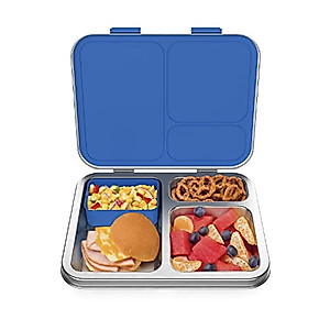 Bentgo® Kids Stainless Steel Leak-Resistant Lunch Box - Bento-Style Redesigned in 2022 w/Upgraded Latches, 3 Compartments, & Extra Container - Eco-Friendly, Dishwasher Safe, Patented Design (Blue)