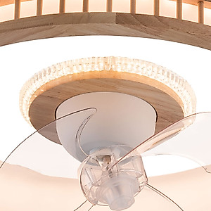 ONEPOINTPOINT Ceiling Fan with Lights 20 Inch Low Profile Flush Mount Round Wood Ceiling Light with Fan 3 Invisible Blades Remote 3 Color Dimming 6 Wind speeds for Bedroom Living Room Log Color