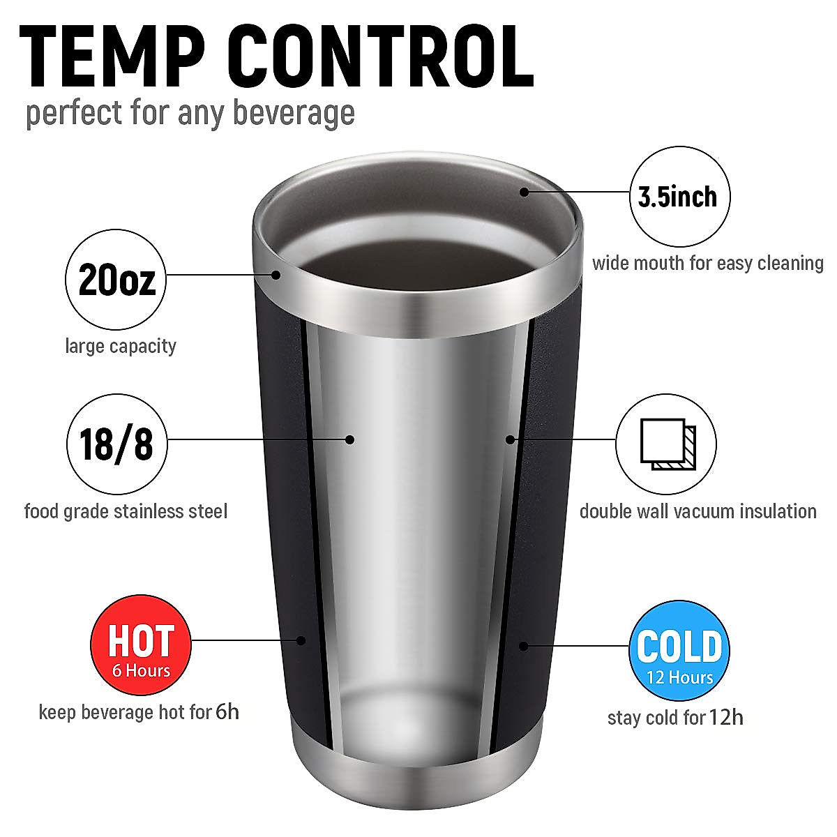 COMOOO 20oz Tumbler Stainless Steel Insulated Travel Mug Vacuum Double Wall Coffee Cup for Hot Beverage and Cold Drinks,Home and Outdoor（Black, 1 Pack）