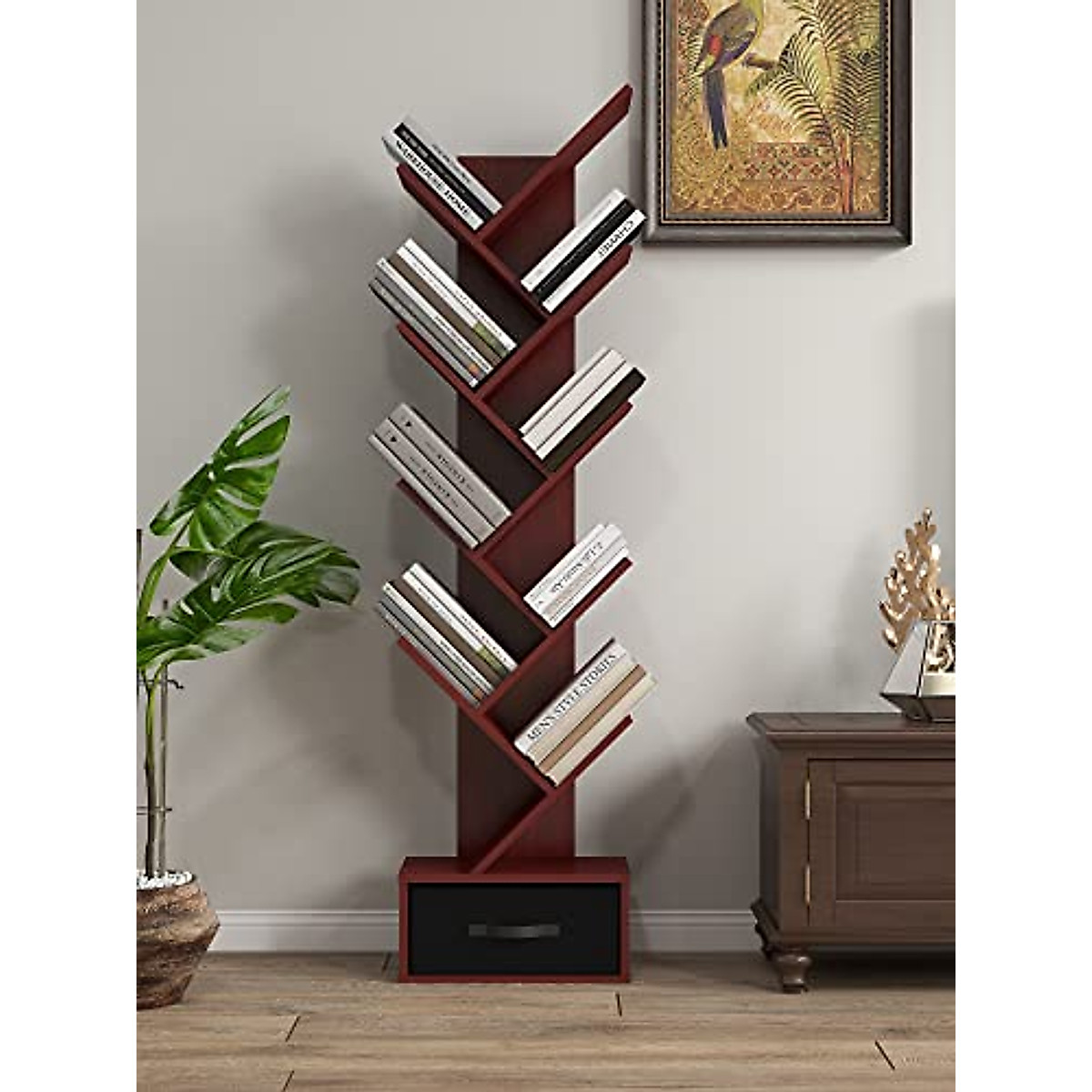 Panana Tree Bookshelf with Drawer, 8-Tier Wooden Storage Rack Wisdom Tree Book Holder Bookshelves Organizer for Living Room, Bedroom, Home Office (Cherry)