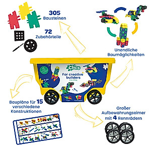Clics Basic Set of 377 Pieces, Construction Toys for 3 Year Old Boys and Girls, rollerbox of Blocks to Learn Shapes and Colors, Educational STEM Toys. No BPA, PVC. Dishwasher Safe, Recycled Plastic.