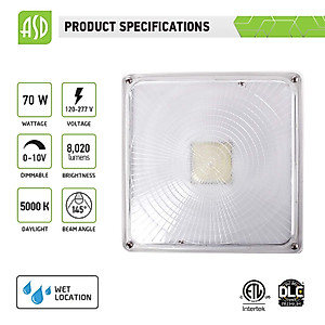 ASD LED Canopy Light Outdoor, 70W 8400 Lm Dimmable, Daylight 5000K, 120-277VAC 175W HID/MH Replacement, IP65 Waterproof Gas Station and Garage Ceiling Light 9.6" x 9.6", ETL & DLC Listed, White Finish