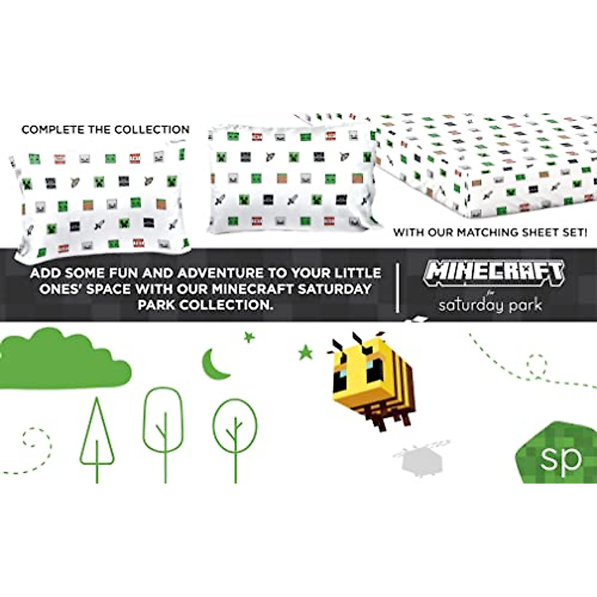 Saturday Park Minecraft Emblematic Twin Duvet Cover & Sham Set - 2 Piece 100% Organic Cotton Duvet Set Features Creeper, Alex & Steve - GOTS & Oeko-TEX Certified (Minecraft Official)