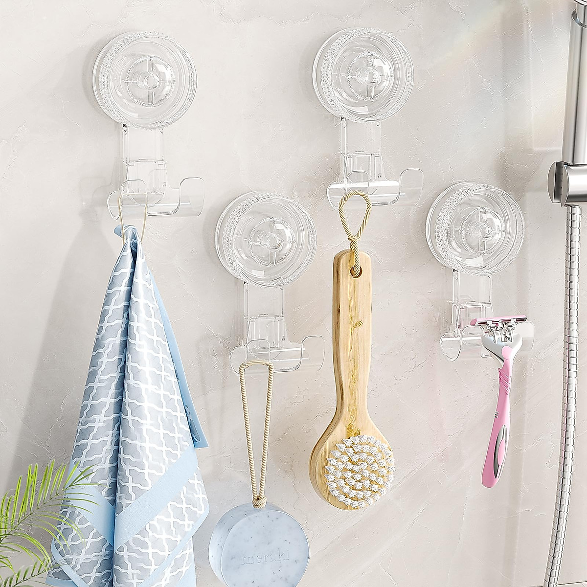 LUXEAR Suction Hooks, 2 Pack Razor Hooks Removable & Reusable Suction Shower Hook Waterproof Powerful Vacuum Suction Hanger for Towel Bathrobe Loofah Bathroom Kitchen Storage Hooks Weather Hanger Hook