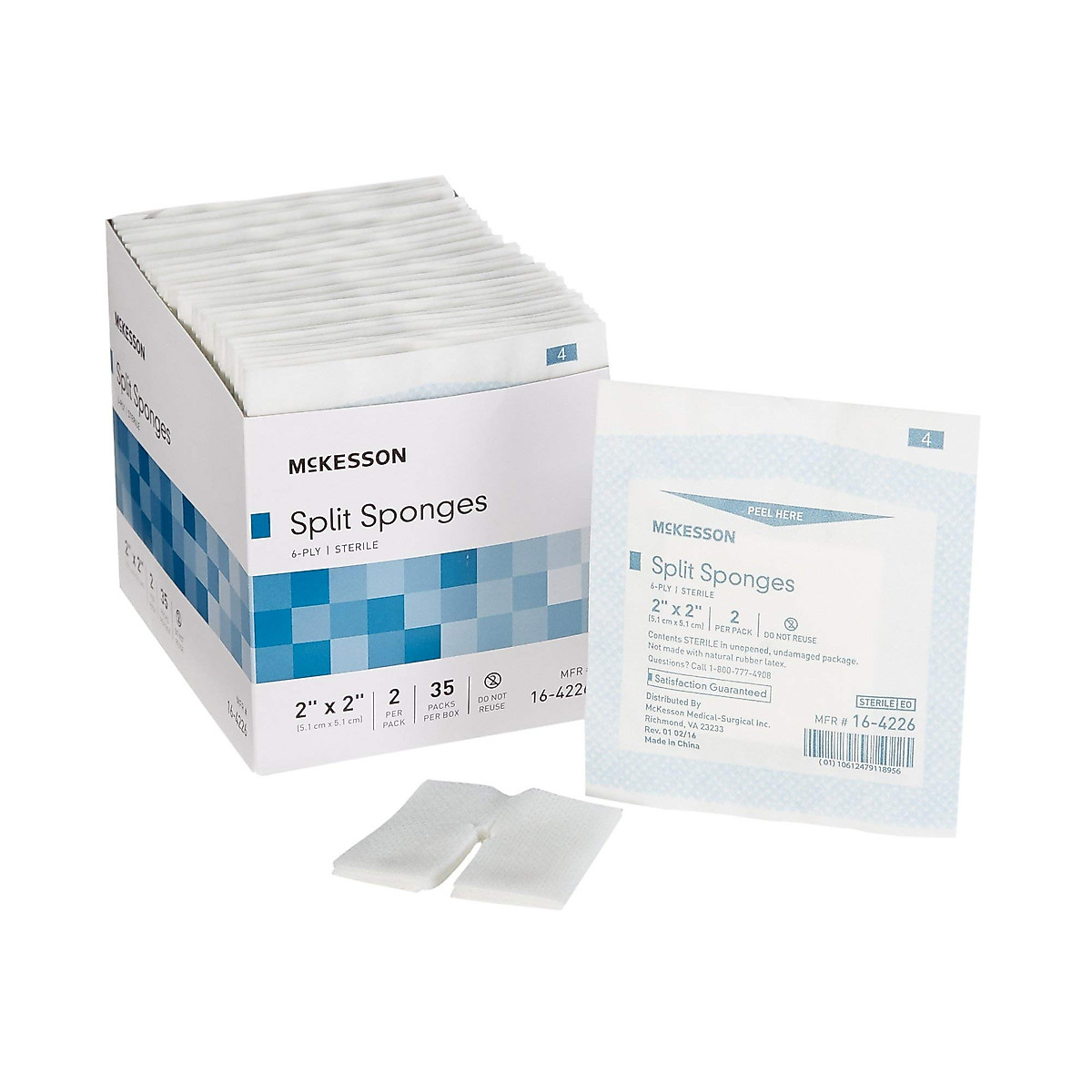 McKesson Split Sponges, Sterile, 100% Cotton, I.V. Drain Split Dressing, 2 in x 2 in, 2 per Pack, 35 Packs, 70 Total