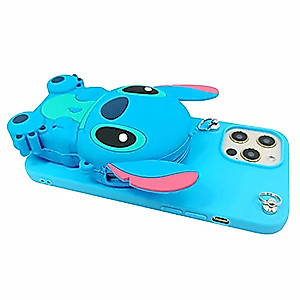 DiDicose Case Compatible with Samsung Galaxy A32 5G Cute 3D Cartoon Purse Wallet with Lanyard Wrist Strap Soft Silicone Cover Camera Lens Protector for Samsung Galaxy A32 5G Alien Dog Blue