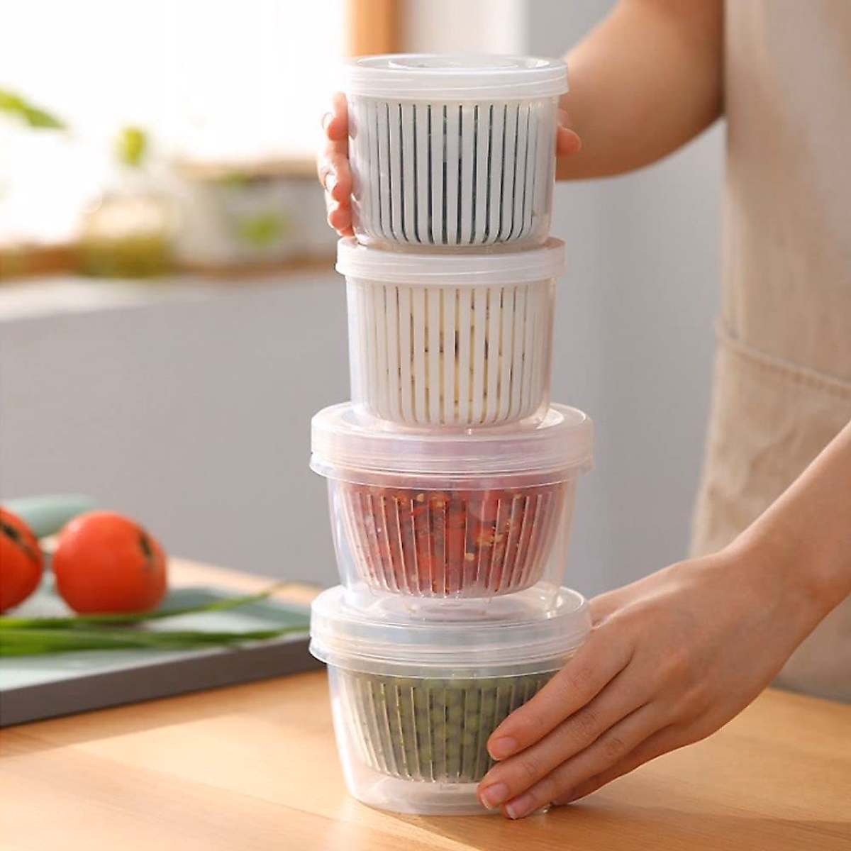 gofidin 4 Pcs Vegetable Storage Box, Ginger Garlic Onion Keep Fresh Container with Drain Basket Double Layer Plastic Transparent Food Drainage Sealing Box