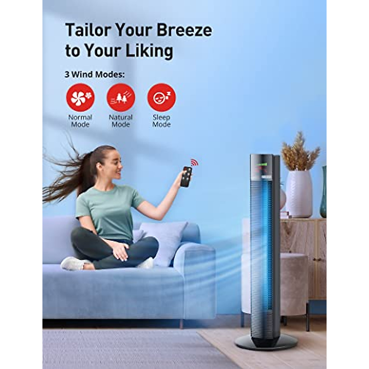 PARIS RHÔNE Tower Fan, 36” Oscillating Fan, 9 Modes, 3 Speeds, LED Display, 12H Timer, Portable Fan, Standing Floor Fan Bladeless Tower Fan with Remote for Bedroom, Living Room, Offices & Kitchen
