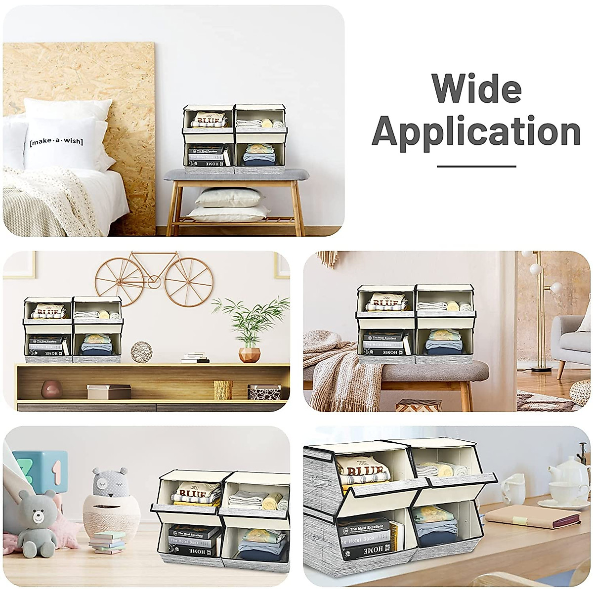 BUSHLY Magnetic Storage Bins, Set of 4 Stackable Fabric Cubes Organizer w/ Magnetic Lid & Side Handle, Foldable Storage Boxes for Toys, Clothes, Kids Room, Living Room (Black)