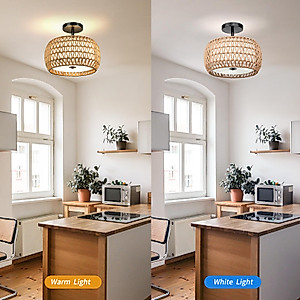 FRIDEKO HOME 3-Light Semi Flush Mount Ceiling Light - Woven Rattan Light Fixtures Ceiling Mount Boho Light Fixture with Fabric Shade Ceiling Light Fixture for Bedroom Kitchen Hallway Dining Room