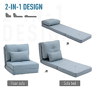 HOMCOM Convertible Flip Chair, Floor Lazy Sofa, Folding Upholstered Couch Bed with Adjustable Backrest, Metal Frame and Pillows for Living Room Bedroom, Blue