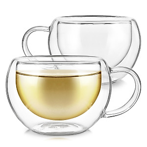 Teabloom Modern Classic Insulated Cups – 6 oz / 200 ml – Set of 2 Double Walled Glass Cups for Tea or Coffee