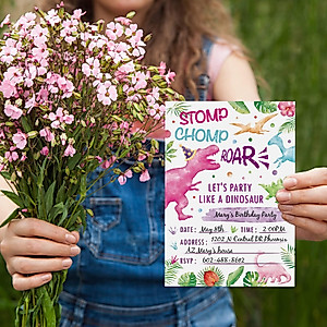 WERNNSAI 20 Sets Watercolor Dinosaur Party Invitation with Envelopes - Fill-in Invitations Cards for Girls Dinosaur Birthday Party Supplies Baby Shower Invites Double-Sided Printed T-Rex Cards