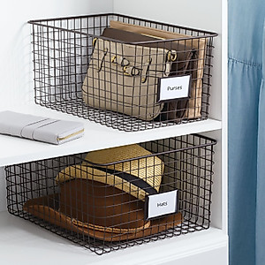 mDesign Wide Metal Farmhouse Storage Organizer Bin Baskets with Label Slot for Closet, Cabinet, Cupboard - Wire Organizing Basket Holds Clothing, Linens, Shoes, Omaha Collection, 4 Pack, Bronze