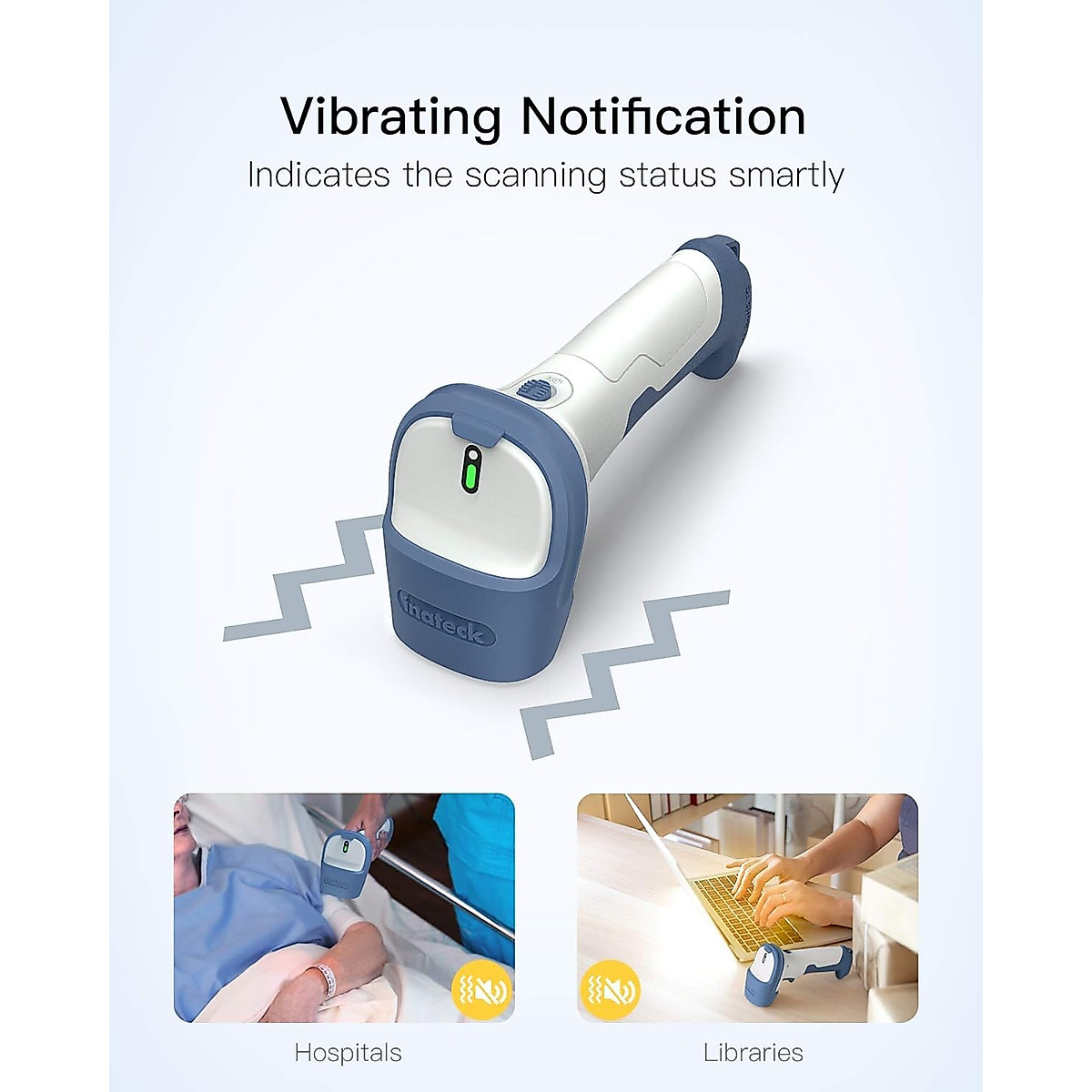 Inateck Bluetooth Barcode Scanner, 2D Wireless Barcode Scanner, Bluetooth 5.0 and 2.4Ghz Adapter, 3 in 1 Reader, Support GS1 Barcode, BCST-73 Blue White