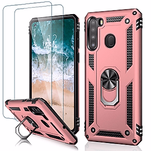 MERRO for Galaxy A21 Case with Screen Protector,Military Grade Heavy Duty Shockproof Protective Phone Cover Pass 16ft Drop Test with Magnetic Kickstand and Car Mount Holder Rose Gold Color
