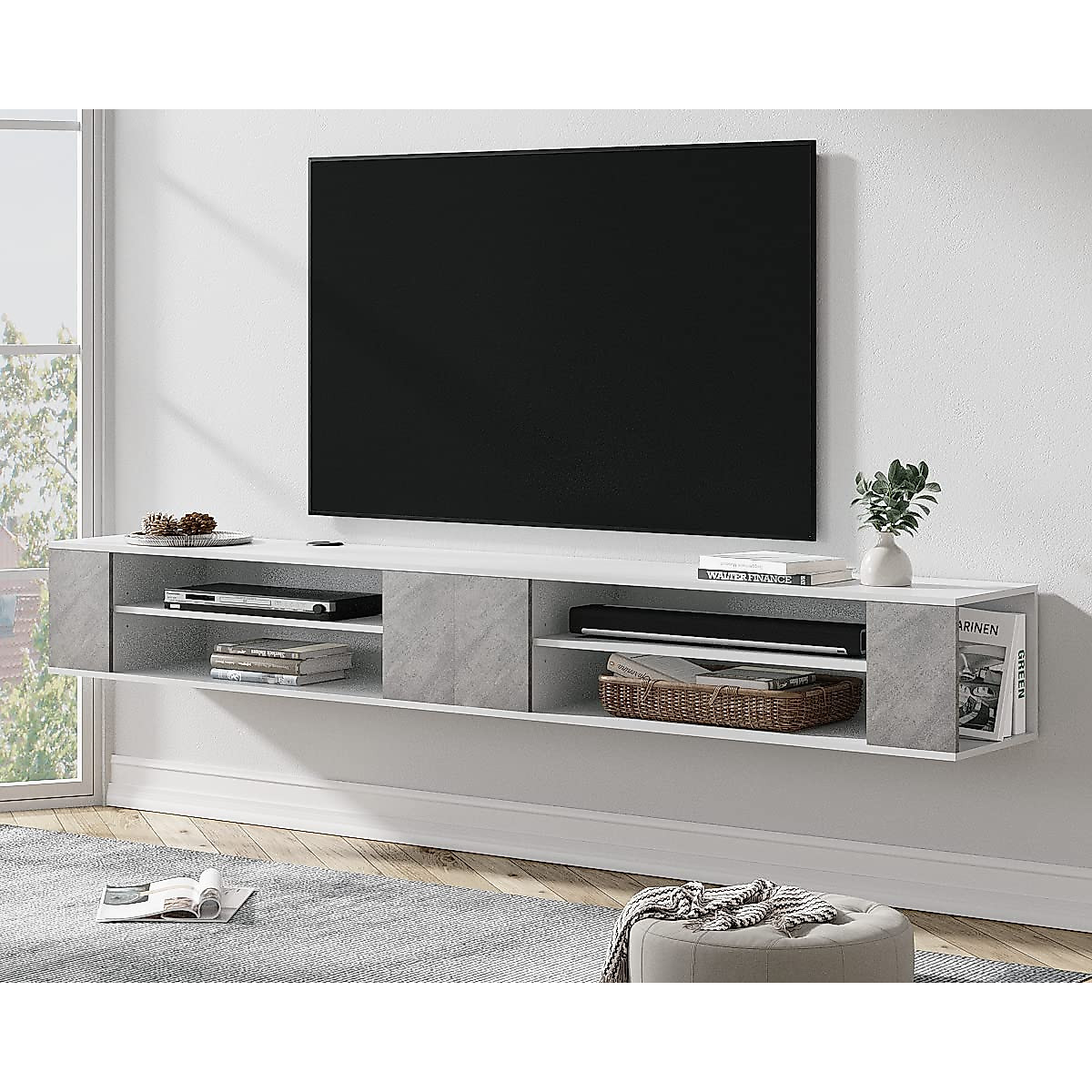 WAMPAT 79 inch Floating TV Stand for TVs up to 75 inch, Wall Mounted Shelf Entertainment Center, TV Cabinet Media Console Wood Storage Hutch Under TV for Living Room,Grey&White