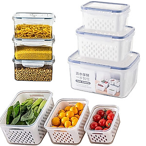 Fruit Vegetable Food Storage Containers for Fridge,Large Produce Saver Containers with Airtight Lid & Colander,3 in 1 Multifunction with Drain Basket Refrigerator Organizers for Fruits, Salad, Lettuce