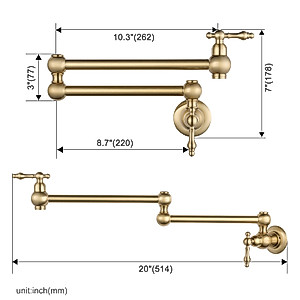 WOWOW Gold Pot Filler Faucet, Wall Mount Copper Folding Faucet 2 Handle with Double Joint Swing Arms, Single Hole Brass Commercial Kitchen Faucet Over Stove