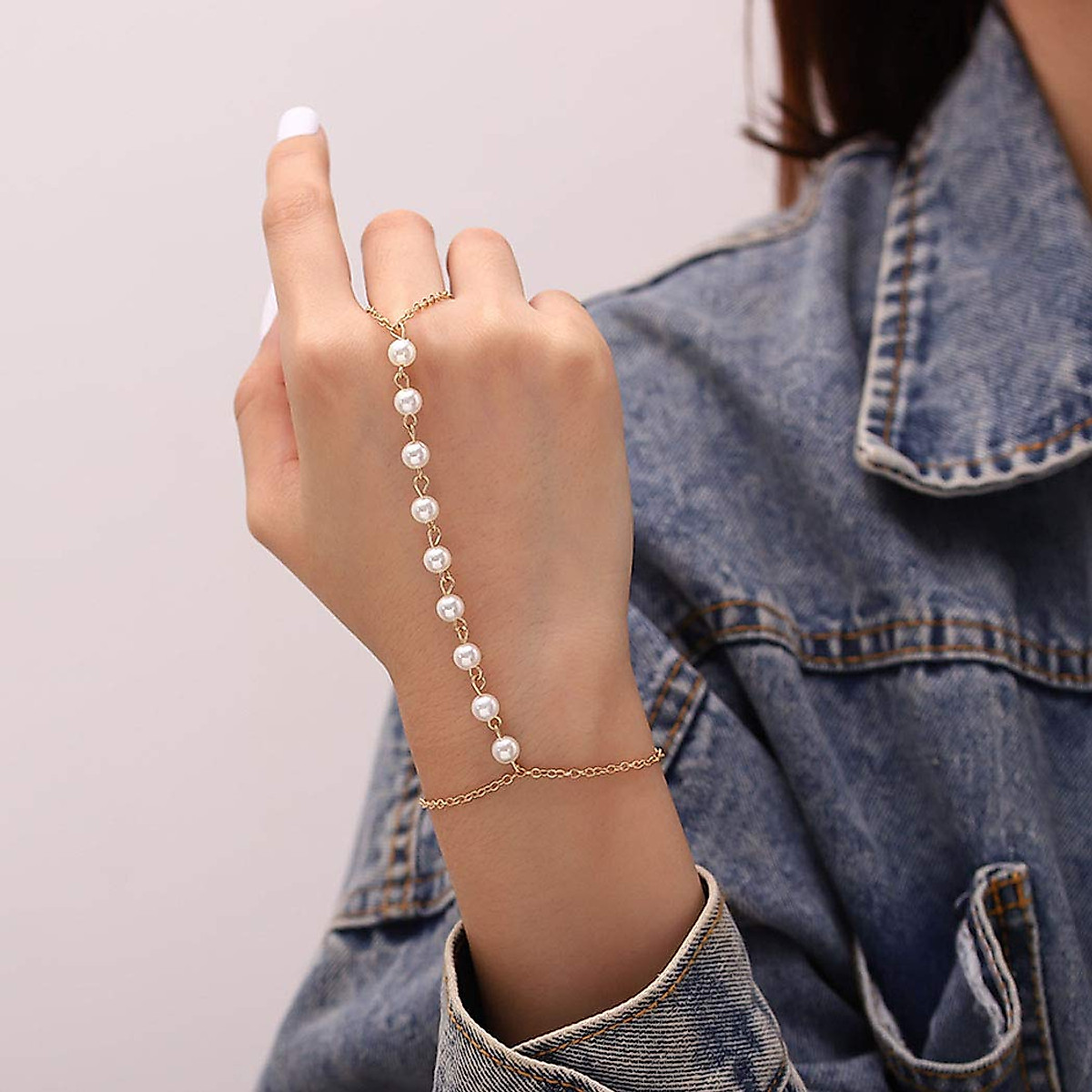 Chicque Boho Hand Chain Gold Pearl Finger Ring Bracelet Beads Hand Jewelry Wedding Finger Bracelet for Women and Girls