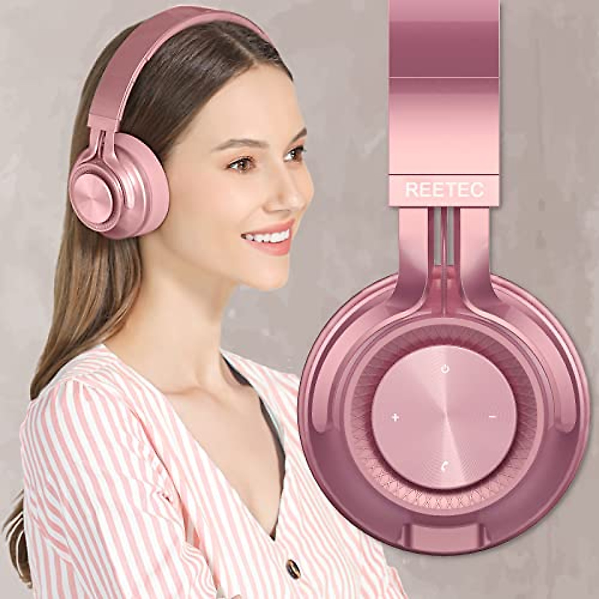 REETEC Wireless Bluetooth Headphones Over-Ear - [40 Hrs Playing Time, Soft Protein Earpads] Foldable HiFi Stereo Wireless Headphones with Microphone, Deep Bass Headset for Phone, PC, iPad - Rose Gold