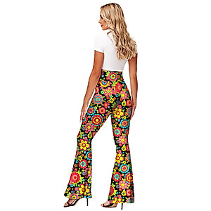 Flare Pants for Women Floral Bell Bottom 70s Hippie Pants High Waist Groovy Boho Yoga Pants XS