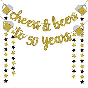 50th Birthday Decorations for Men/Women - 50th Birthday Gifts - Cheers & Beers to 50 Years Gold Glitter Banner - 50th Anniversary Decorations for Party, 50th Wedding Party Supplies for Couple