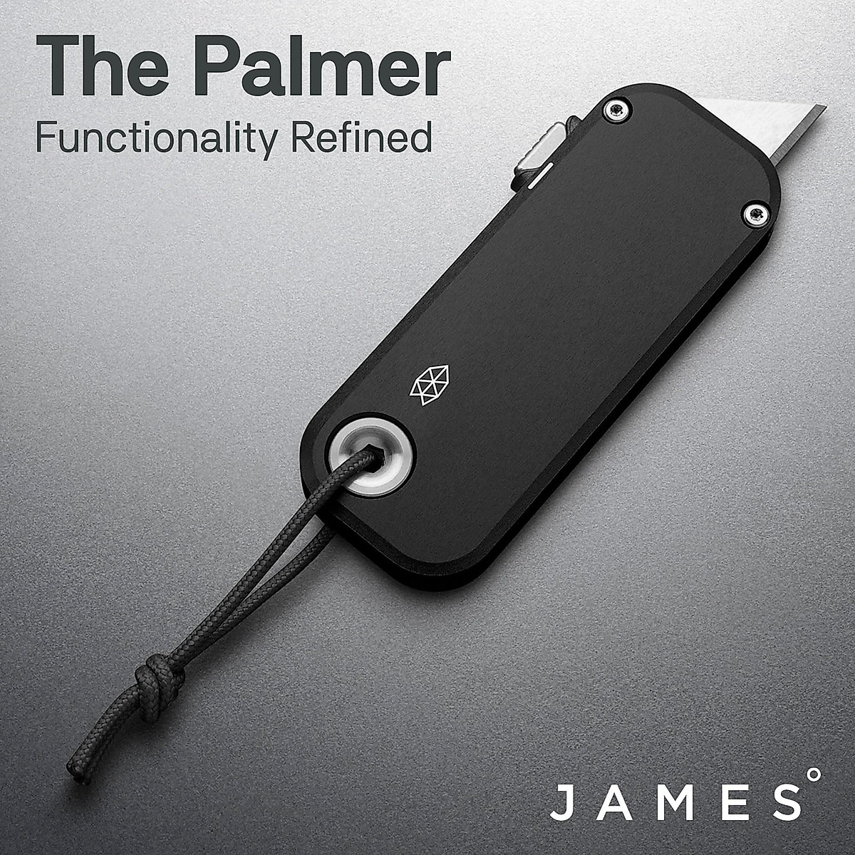 JAMES° The Palmer Utility Knife, Anodized Aluminum Handles, Buttery Smooth Action, Refined Tool Free Blade Changes, Black Grip