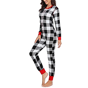 SWOMOG Womens Christmas Onesie Pajamas Jumpsuits Adult One Piece Sleepwear Long Sleeve Bodysuit Buttons Union Suit
