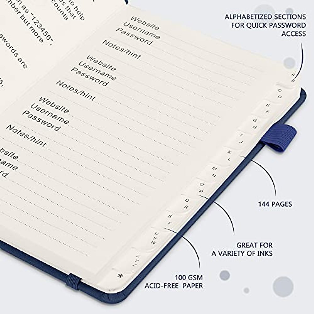 JUBTIC Password Book with Alphabetical Tabs. Medium Size Password Keeper Logbook for Internet Website Address Log in Detail. Hardcover Password Notebook & Organizer for Home Office, Navy Blue