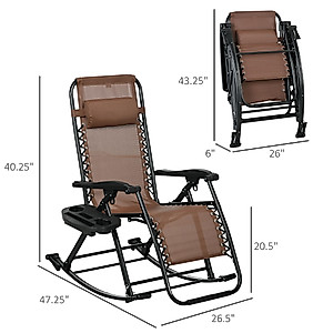 Outsunny Set of 2 Outdoor Rocking Chairs, Foldable Reclining Zero Gravity Lounge Rocker with Pillow, Cup & Phone Holder, Combo Design with Folding Legs, Brown