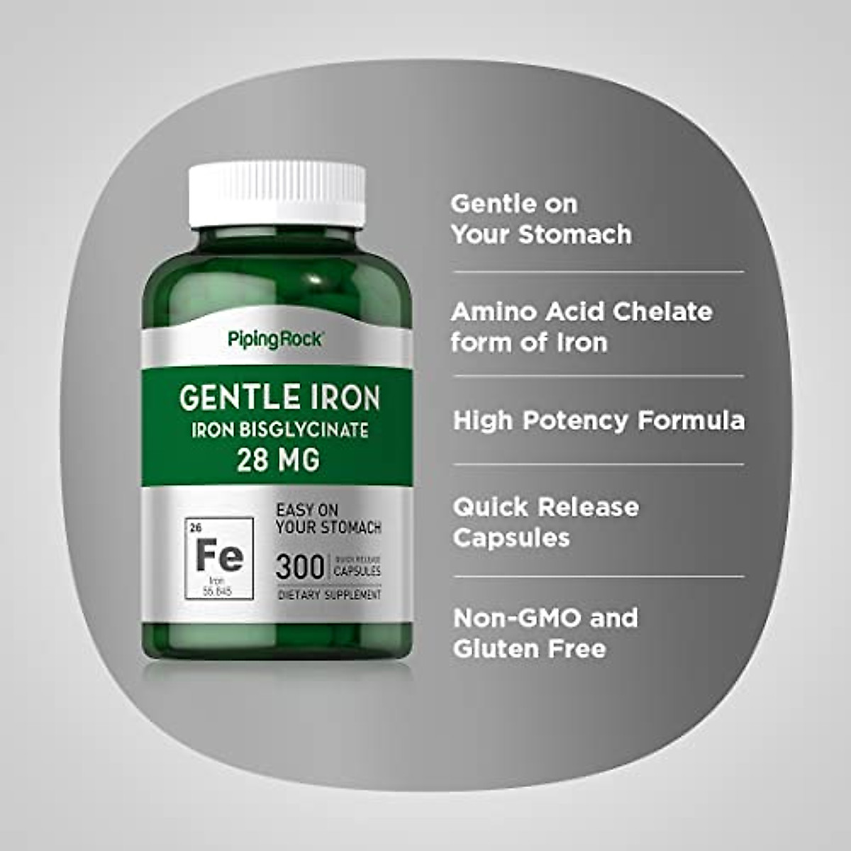 Gentle Iron 28 mg | 300 Capsules | Iron Bisglycinate | Easy on Stomach | Non-GMO, Gluten Free Supplement | by Piping Rock.
