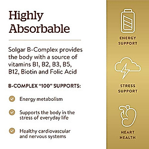 Solgar B-Complex "100", 250 Vegetable Capsules - Heart Health - Nervous System- Supports Energy Metabolism - Non-GMO, Vegan, Gluten / Dairy Free, Kosher, Halal - 250 Servings
