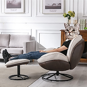 ZSARTS Swivel Accent Chair with Ottoman, Upholstered Linen Armchair Reading Chair with Footrest Mid-Century Modern Lounge Chair for Living Room Bedroom Fireplace(Cream)