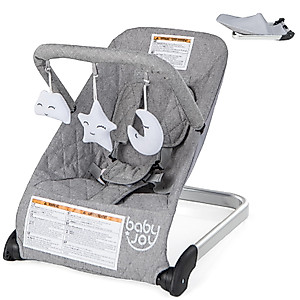 BABY JOY Baby Bouncer, Foldable Baby Bouncer Seat with 5-Point Safety Harness, Removable Fabric Cover & 3 Plush Toys, Portable Infant Bouncer for Babies 0-6 Months (Grey)