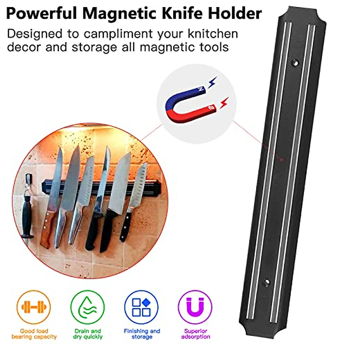 Magnetic Knife Strips(15 Inch X Set Of 2) Magnetic Knife Storage Strip, Knife Holder, Knife Rack, Knife Strip, Kitchen Utensil Holder, Tool Holder, Multipurpose Magnetic Knife Rack