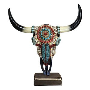Ebros Gift 17" High Large Western Steer Bison Buffalo Bull Cow Skull Head with Mosaic Turquoise Red Yellow Blue Stones and Beads Ornate Floral Design Desktop Sculpture Native Indian Sacred Skulls